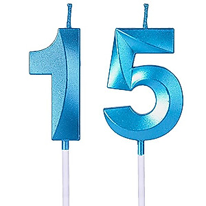 Blue 15th & 51st Birthday Candles for Cakes, Number 15 51 Glitter Candle Cake Topper for Party Anniversary Wedding Celebration Decoration