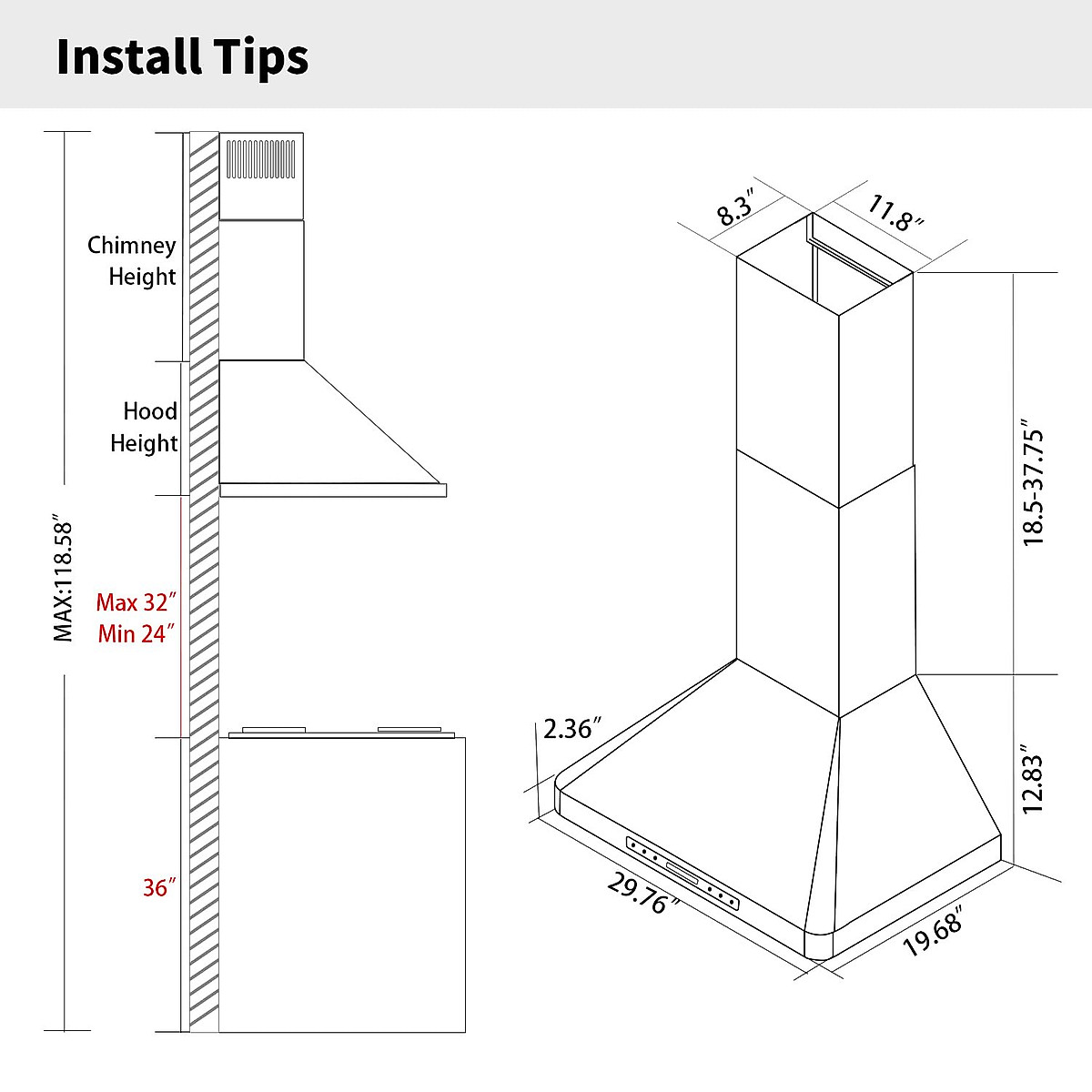 IKTCH Wall Mounted Range Hood 30 inch, 900 CFM Ducted/Ductless Range Hood, Stainless Steel Range Hood with Gesture Sensing & Touch Control IKP02R-30