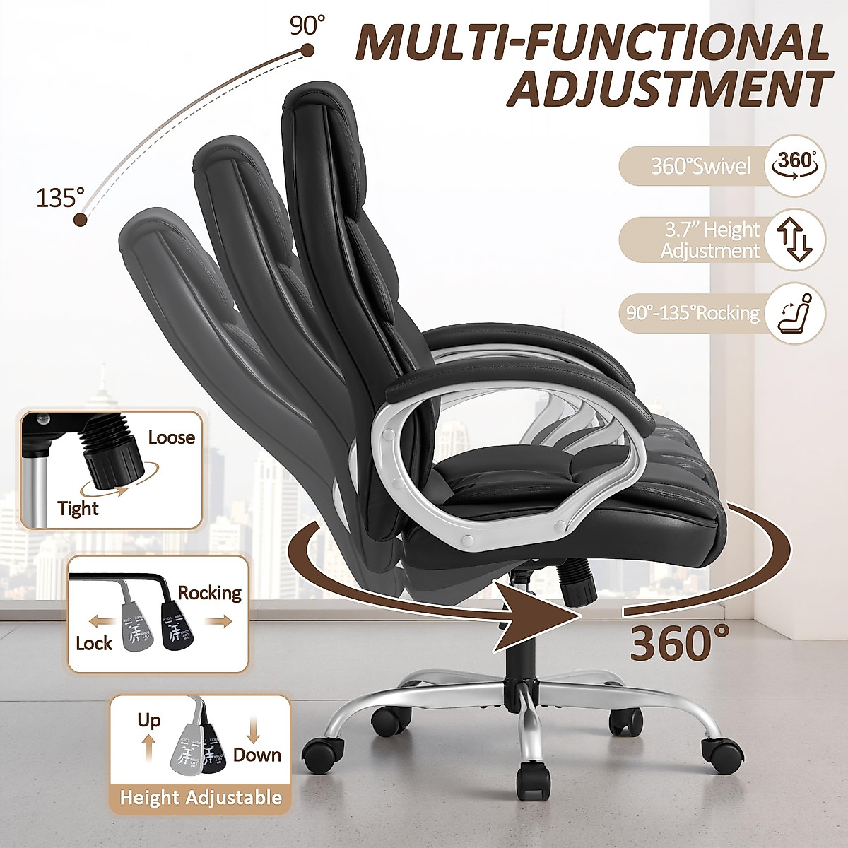 Homall Office Chair High Back Computer Chair Ergonomic Desk Chair, PU Leather Adjustable Height Modern Executive Swivel Task Chair with Padded Armrests and Lumbar Support (Black)