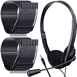 30 Pack Kids Classroom Headphones with Microphone School Student Headphones Bulk Class Set Lightweight Adjustable Earphones on Ear for Child Travel 3.5 Jack Universal Plug (Plastic Microphone Stem)