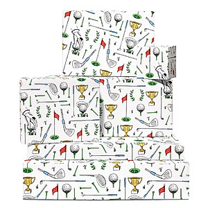 CENTRAL 23 Golf Wrapping Paper - 6 Sheets White Wrapping Paper For Men Dad Grandpa Uncle - Golf Sports Club - Comes With Stickers - Recyclable - Christmas Wrapping Paper Sheets
