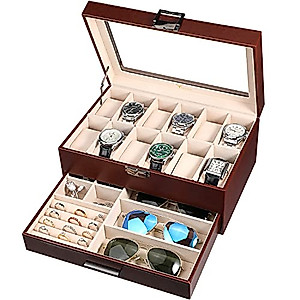 Voova Jewelry Box Watch Boxes Organizer for Men Women, 2 Layer Large 12 Slot PU Leather Watch Storage Case, Glass Top Jewelry Display Holder for Watches Sunglasses Rings Necklaces Bracelets (Brown)