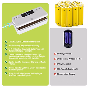 Mini Bag Sealer,4 In 1 USB Rechargeable Bag Sealer And Cutter, 5 Seal Time Modes & 3.8in Heating Strip, with 3000mAh Battery Chip Bag Sealer, Portable Bag Resealer For Chip Bags, Plastic Bags(white)