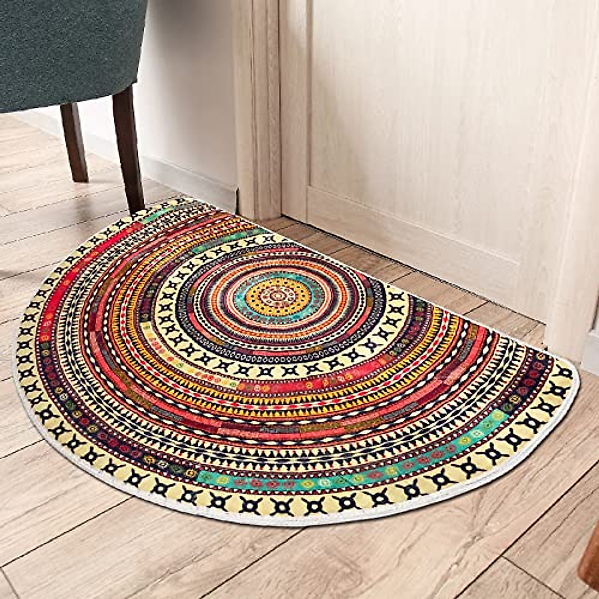 Boho Half Round Indoor Entrance Rug Doormats 36x24 Inches Absorbent Non-Slip Bedroom Front Back Outdoor Welcome for Entryway Machine Washable, Bohemia Ethnic Style Pattern
