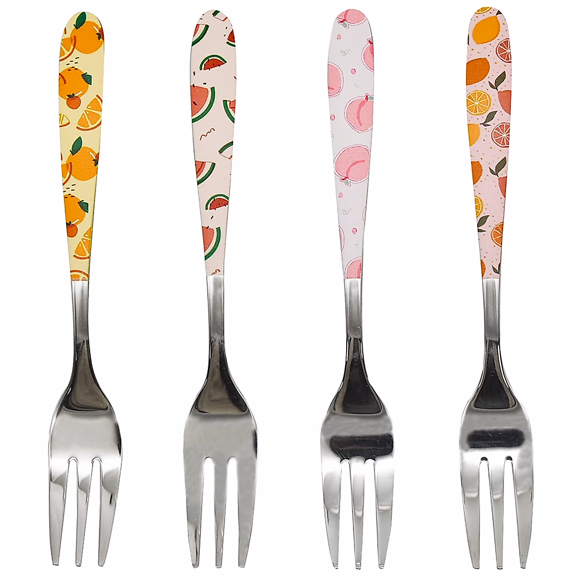 Pinenjoy 4Pcs Small Appetizer Fork with Fruit Pattern Printing 5.5inch Cocktail Fork 18/10(304) Stainless Steel Mini Dessert Fork for Pickle Fruit Cake Salad Party Charcuterie