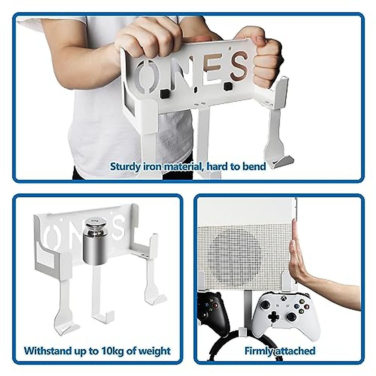 Wall Mount for Xbox One S, Metal Wall Mount Holder for Xbox One S with Detachable 2 Controller Holder & Headphone Hanger