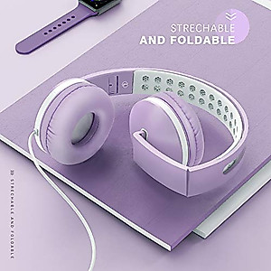 Unipows Kids Headphones for School - Girls Boys Teens Lightweight Foldable Wired Headset with Microphone, Volume Control, Stereo Bass for Cell Phone, Tablet, PC, Laptop (Purple and White)