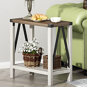 ChooChoo Farmhouse End Table Set of 2, Narrow Side End Table with Storage Shelf, Rustic A-Design Nightstand Sofa Table for Living Room, Bedroom(White&Brown)