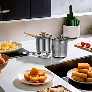 Small Deep Fryer Pot with Basket, Mini Fryer and Soup Pot with Tongs and Lid for 1-2 People, Works on Gas or Induction Burner, Dishwasher Safe, 1.3-Quart