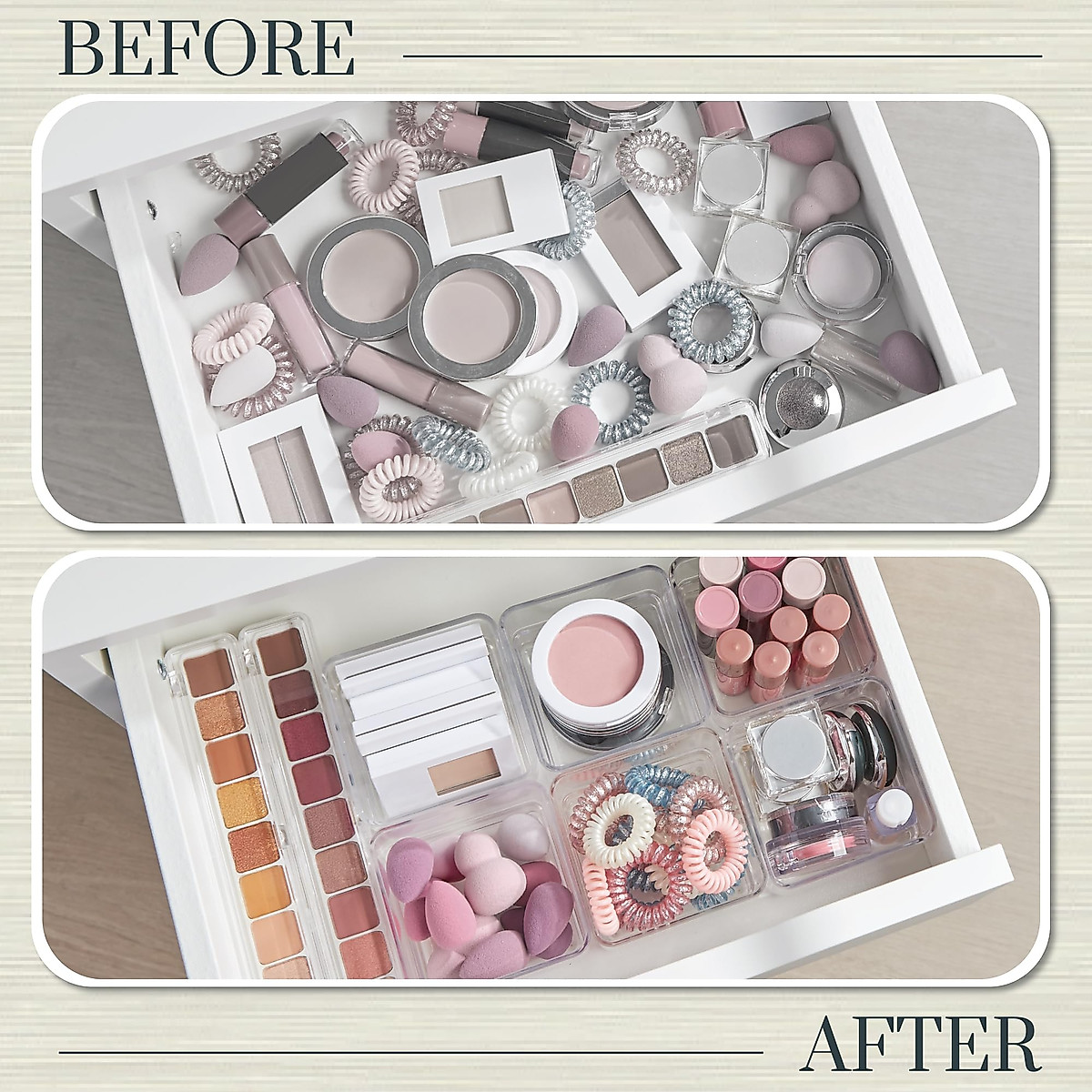 STORi SimpleSort 6-Piece Stackable Clear Drawer Organizer Set | 3" x 3" x 2" Square Trays | Small Makeup Vanity Storage Bins and Office Desk Drawer Dividers | Made in USA