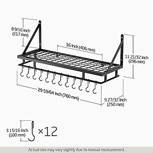 KES 30-Inch Kitchen Pan Pot Rack Wall Mounted Hanging Storage Organizer Wall Shelf with Hooks Matte Black, KUR215S75A-BK