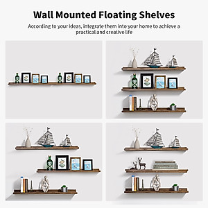 AZSKY 24 Inch Wood Floating Shelves Picture Ledge Shelf Light Walnut for Photos on Wall Floating Book Shelf with Lip Set of 3 Solid Wood Shelves for Living Room Bedroom Bathroom Kitchen