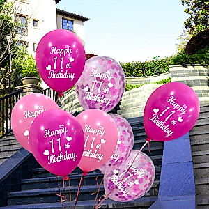 Jonhamwelbor 11th Birthday Latex Balloons Confetti Balloon Pink and Hot Pink Sweet 11th Party Decorations 30 Pcs 12 Inch 11 Number With Happy Birthday Helium Balloon for 11 Year Old Girls