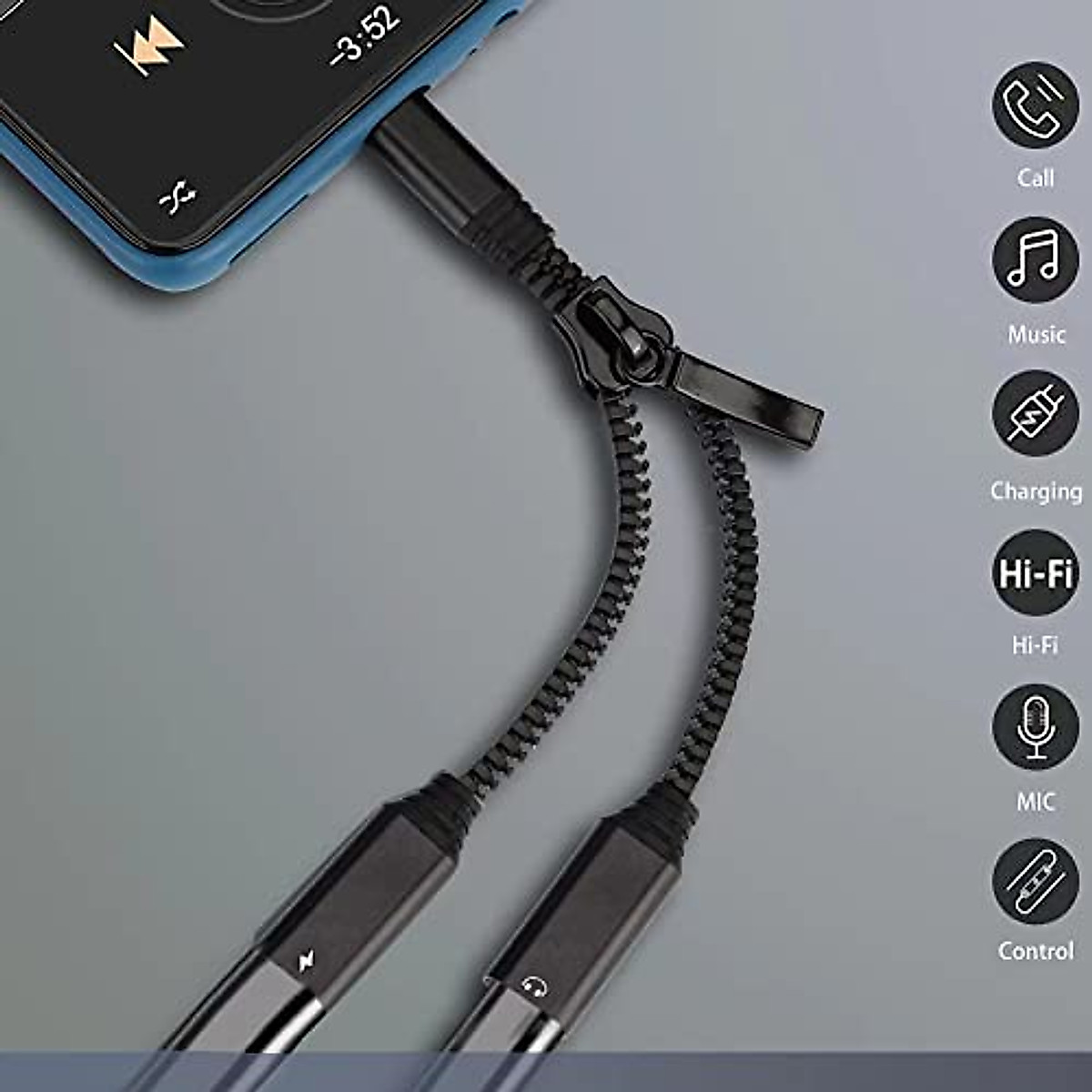 HLDInie USB Type C to Dual USB Type C Audio C-Type Headphone Connector and C-Type Charging Adapter, Charging and Music 2 in 1 Aux Cable (Black)