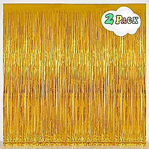 Gold Tinsel Backdrop Party Decorations, Melsan 3.2 x 8 ft Foil Fringe Curtains Party Backdrop for Birthday Party, Anniversary, Graduation, New Year Eve Backdrop Decorations, Pack of 2
