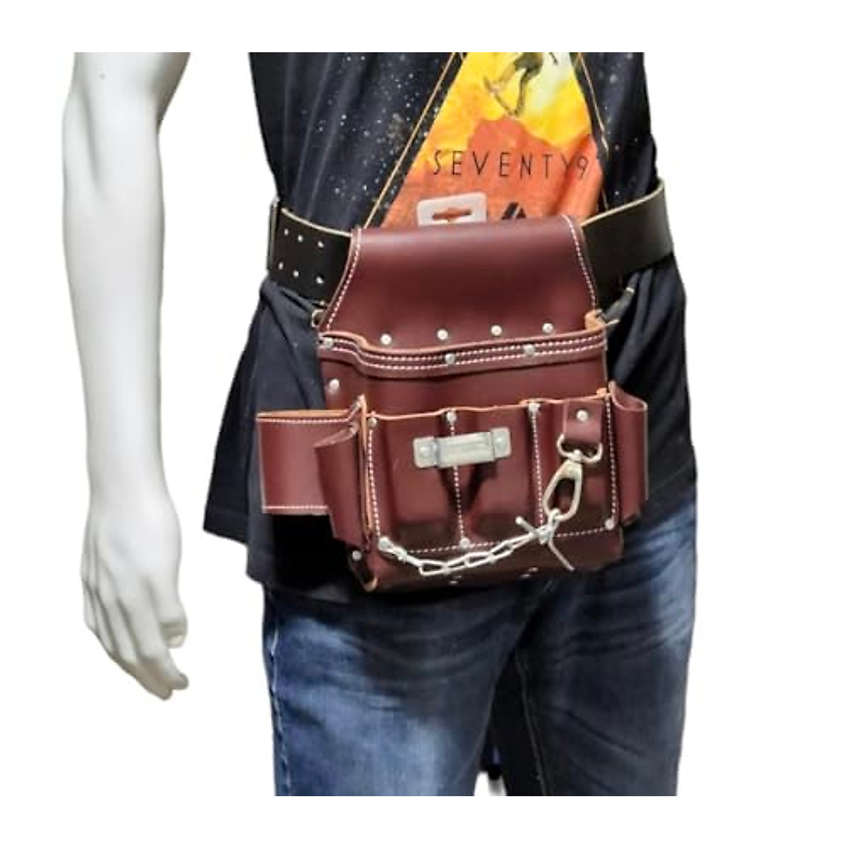 6 Pocket Leather Electrician Tool Pouch | Electricial Tool Organizer with Tape Holder, Tape Chain & Snap Hook (Rustic Red)