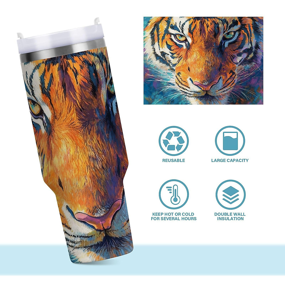 Msyxl 40 oz Insulated Stainless Steel Tumbler with Handle and Straw Lid - Leak-proof Coffee Mug for Men Women, Travel Mug Fits Cup Holder (Close-up Tiger Face)