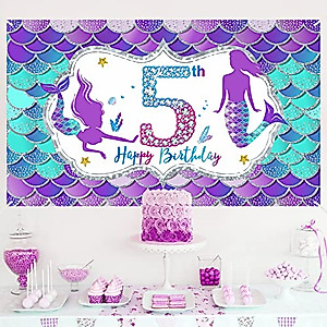 Mermaid 5th Birthday Banner Decorations for Girls, Little Mermaid Themed Happy 5 Year Old Birthday Background Sign Party Supplies, Under The Sea Five Bday Poster Decor for Outdoor Indoor