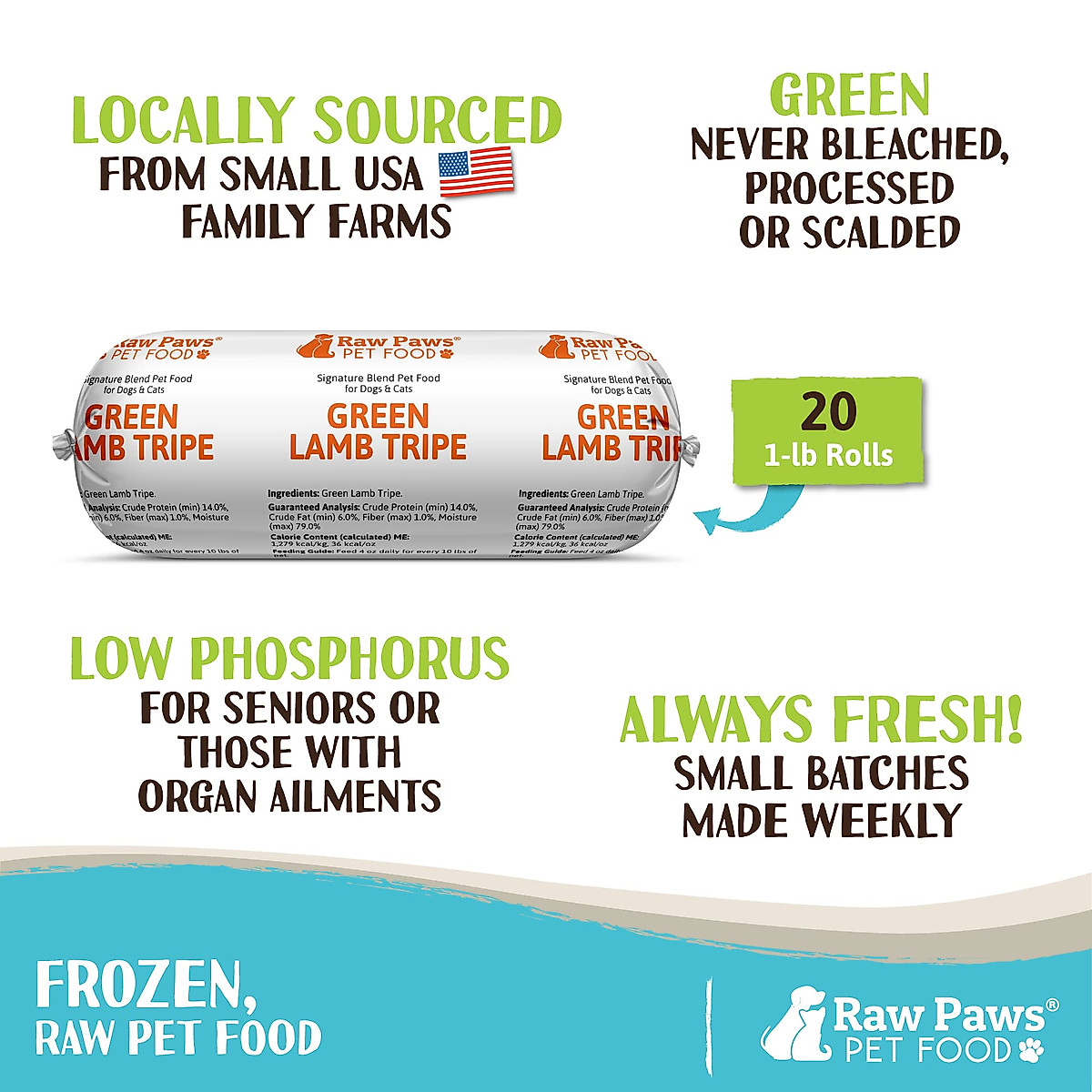 Raw Paws Signature Pet Food for Dogs & Cats - Green Lamb Tripe, 1-lb Rolls (20 Pack) - Fresh Pet Food Made in USA - Natural Dog Food Rolls - Raw Frozen Dog Food – Green Lamb Tripe for Dogs & Cats