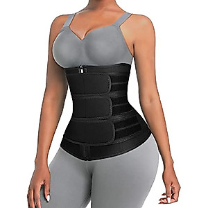 FeelinGirl womens Neoprene Waist Trainer 3 Straps Tummy Control Workout Corset Cincher Long Torso Trimmer Sauna Belt, Black, Medium