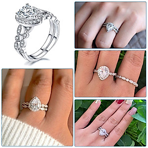 Ahloe Jewelry CEJUG 18k White Gold Plated Wedding Rings for Women Engagement Bands Bridal Set Pear Shape Teadrop 1.5Ct Cz Size 7