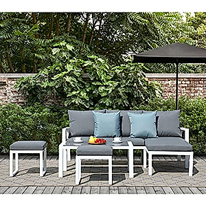 Soleil Jardin Outdoor Ottomans for Patio Set of 2, Assembled Aluminum Outdoor Footstool with Grey Cushions, Small Seat Furniture for Garden Yard Deck Poolside, White Frame…