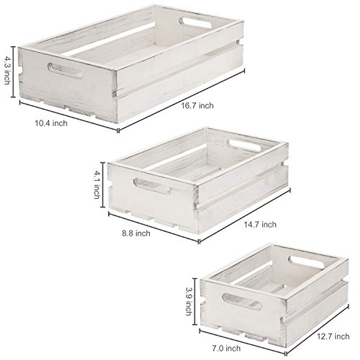 MyGift 16 x 10 Inch Vintage Whitewashed Wood Nesting Storage Crates with Handles, Set of 3