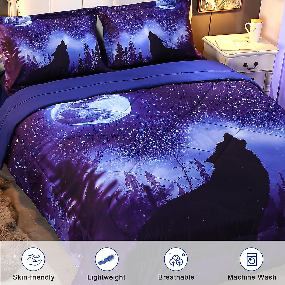 Wowelife Wolf Comforter Set Bedding Set Twin Blue 5 Pieces Forest Bedding Set Wolf Bed Set Twin Kids Bed in a Bag for Boys and Girls with Sheet Sets, Super Breathable Soft