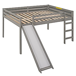 ODC Full Loft Bed with Slide and Ladder, Solid Wood Low Loft Bed Frame for Kids, Full Size Loft Bed for Kids/Teens/Grils/Boys, No Box Spring Needed