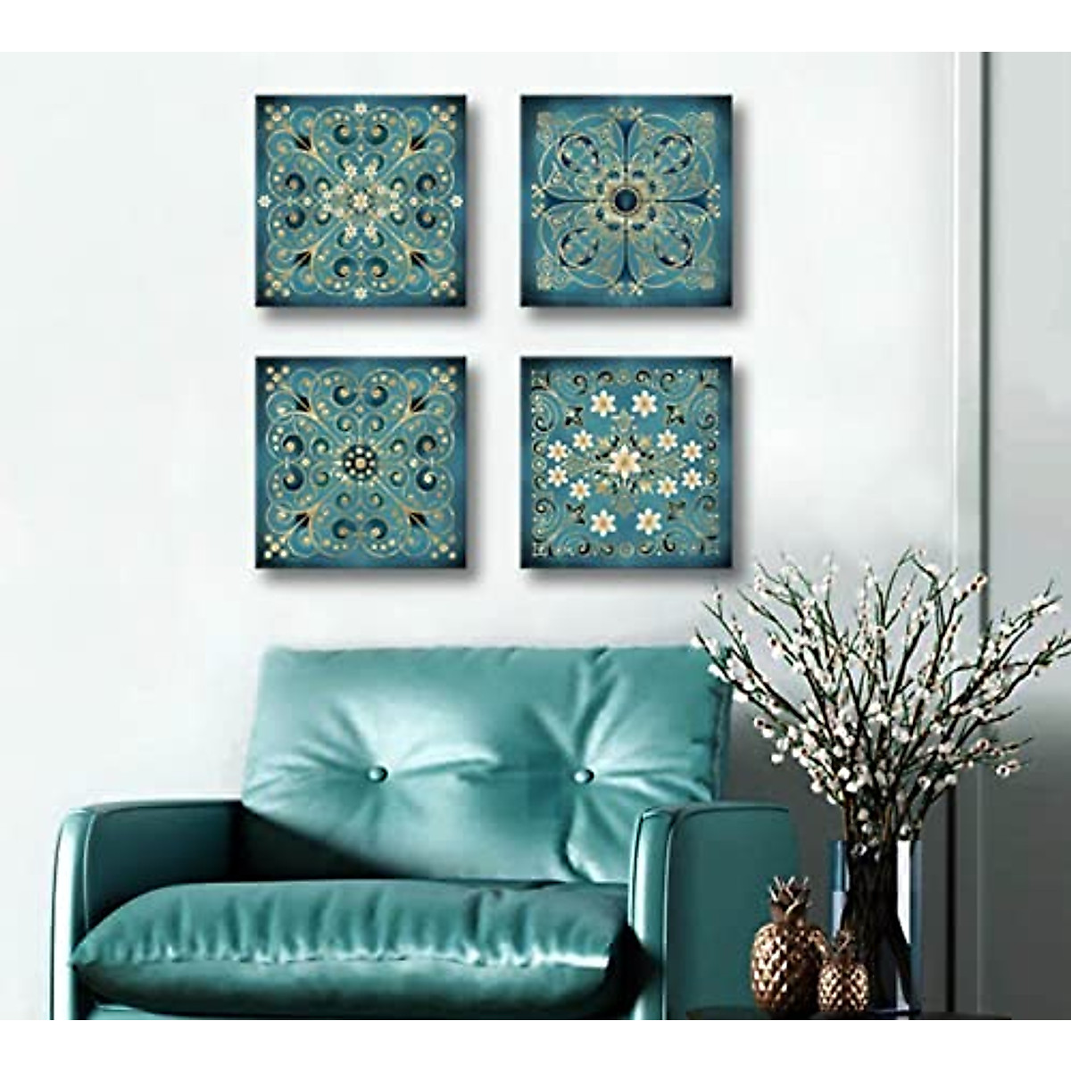 Bathroom art Bedroom decor Canvas wall art Floral pattern Print Bathroom abstract picture Teal bathroom accessories Wall decor Framed artwork Wall art hanging on Living room office 14"x14"x4 Panels