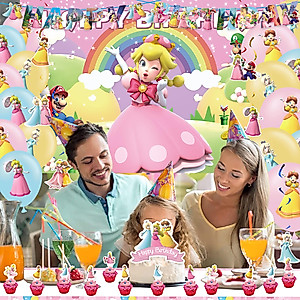 Mario Princess Peach Party Decorations, Mario Princess Peach Birthday Party Supplies Include Banner, Balloons, Hanging Swirls, Backdrops, Cake Toppers, Tablecloth, Mario Princess Peach Party Favors