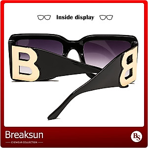 Breaksun Fashion Big Square Sunglasses for Women Men Classic Black Luxury Designer Sun Glasses Thick Frame Gradient Tint (Black/Grey/Black Character)