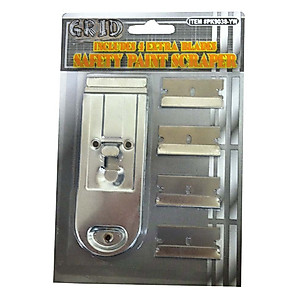 GRID Safety Paint Scraper | Retractable Blade | 4" (10.2 cm) x 1.5" (3.8 cm) Silver | All-Metal Construction | 4 Extra One-Edged Razor Blades Included | Ideal for Glass, Tile, Ceramics & Floors