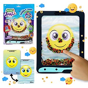 DoodleJamz JellyPics - Sensory Drawing Pads Filled with Non-Toxic Squishy Beads and Gel – Includes Stylus, Removable 2-Sided Emoji Backer Card (Green, Red, Black Beads)