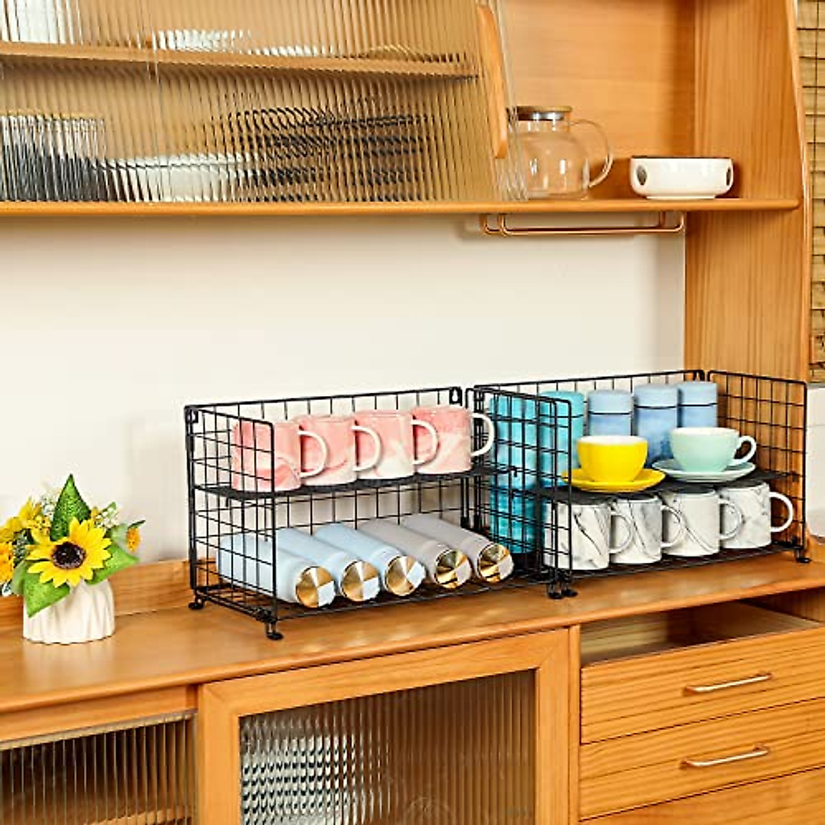 Mug Rack Cup Holder Rack - 4 Tier Stackable Water Bottle Holder Storage for Cabinet Countertop Cupboard Pantry Organization Shelf & Coffee Cup Holder Wall Mounted, Metal Black