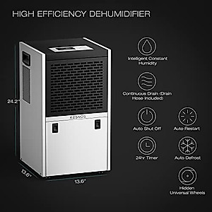 Kesnos 155 Pint Commercial Dehumidifier with 6.56 ft Drain Hose and 1.32 Gallon Water Tank for Space up to 7500 Sq. Ft - 24 Hr Timer Ideal for Basements, Industrial or Commercial Spaces and Job Sites