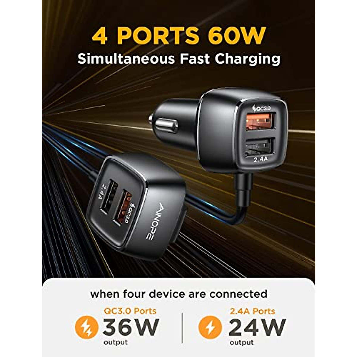 60W USB Car Charger - AINOPE [4 Multi USB Ports] [QC 36W] Fast Car Charger Adapter[5FT Cable] QC 3.0 Cigarette Lighter Adapter Back Seat Charging for iPhone Samsung iPad MacBook Fire Tablet and More