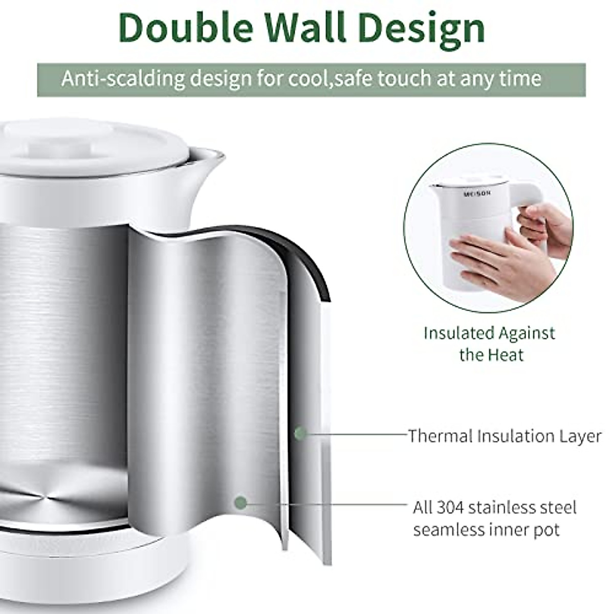 0.6L Small Electric Kettles Stainless Steel, Travel Mini Hot Water Boiler Heater, Double Wall Cool Touch Portable Teapot , Auto Shut-Off &amp; Boil-Dry Protection, 120V/800W, 2 Year Warranty (white)