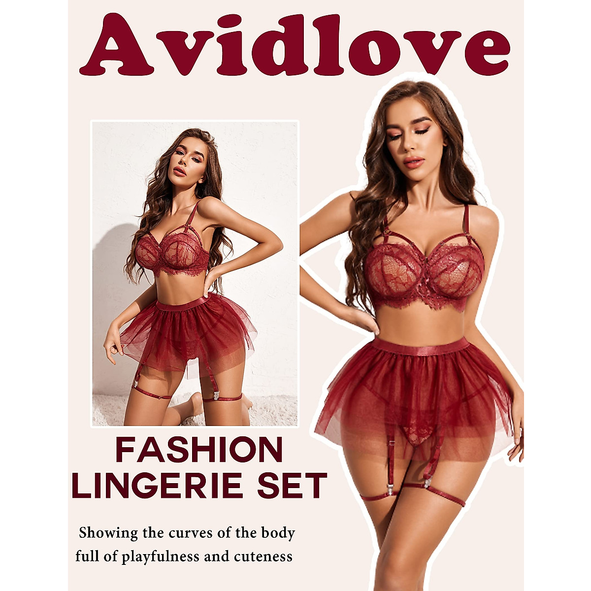 Avidlove Garter Lingerie for Women Lace Nightgowns with Tutu Skirts (Wine Red, Medium)