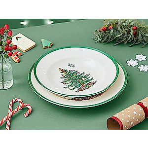 Spode Christmas Tree 9" Soup Plate (Set of 4) - Stoneware Soup Bowls with Festive Tree Design & Green Rim, Ideal for Serving Soup, Pasta, Salad - Microwave & Dishwasher Safe Holiday Dinnerware