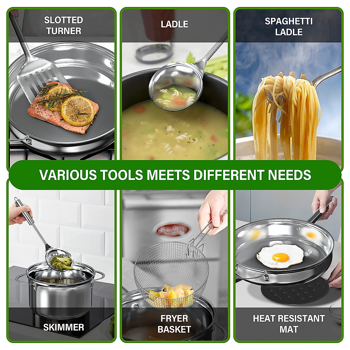 18-Piece Stainless Steel Kitchen Cookware Set, Including Saucepan, Casseroles with Tempered Glass Lid, Frypan, Steamer, Salad Bowl with Cover, Fryer Basket, Heat Resistant Mat & Utensils Set, Silver