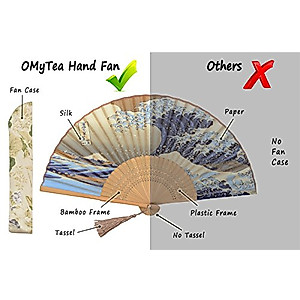 OMyTea® Landscape 8.27"(21cm) Folding Hand Held Fan - with a Fabric Sleeve for Protection for Gifts - Japanese Vintage Retro Style (Kanagawa Sea Waves)