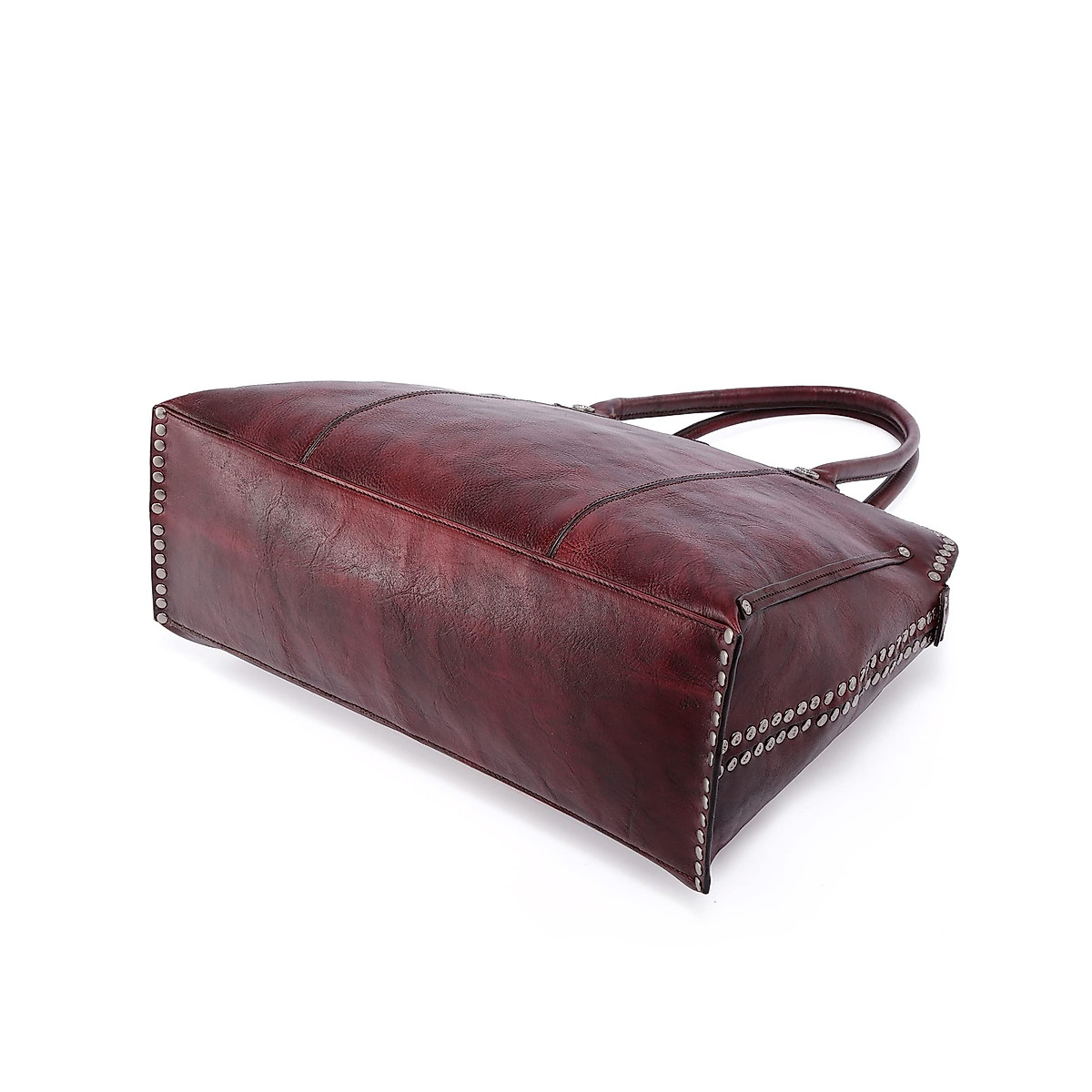 OLD TREND Genuine Leather Soul Stud Satchel Tote Bag Office Daily Handbage (Rusty Red)