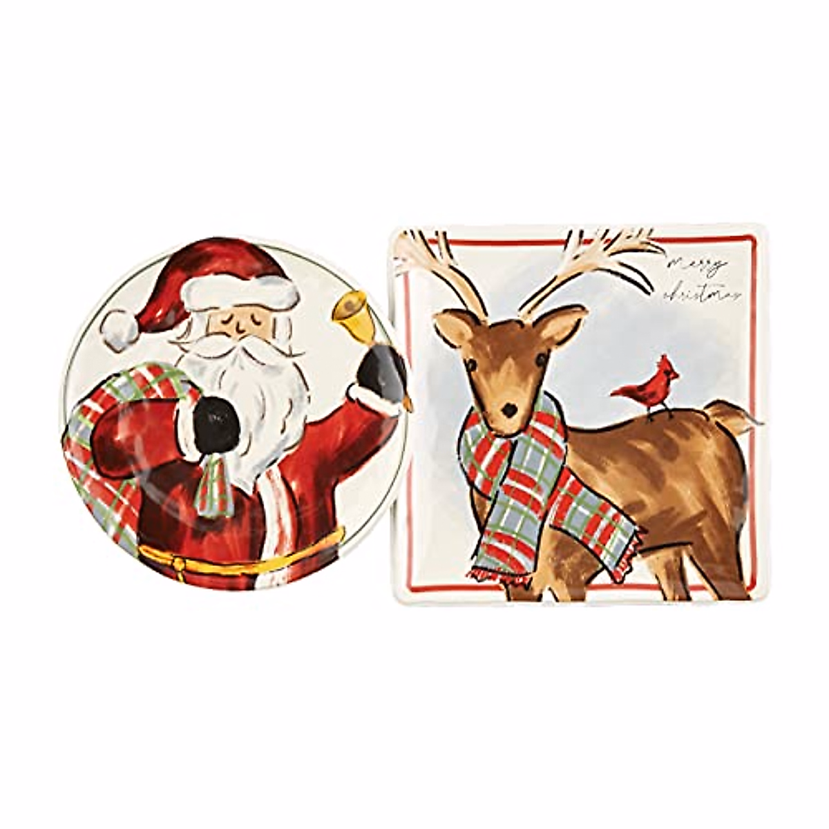 Mud Pie Christmas Santa & Deer Nested Platter Set, Multi, santa 12" dia | deer 13" x 13"