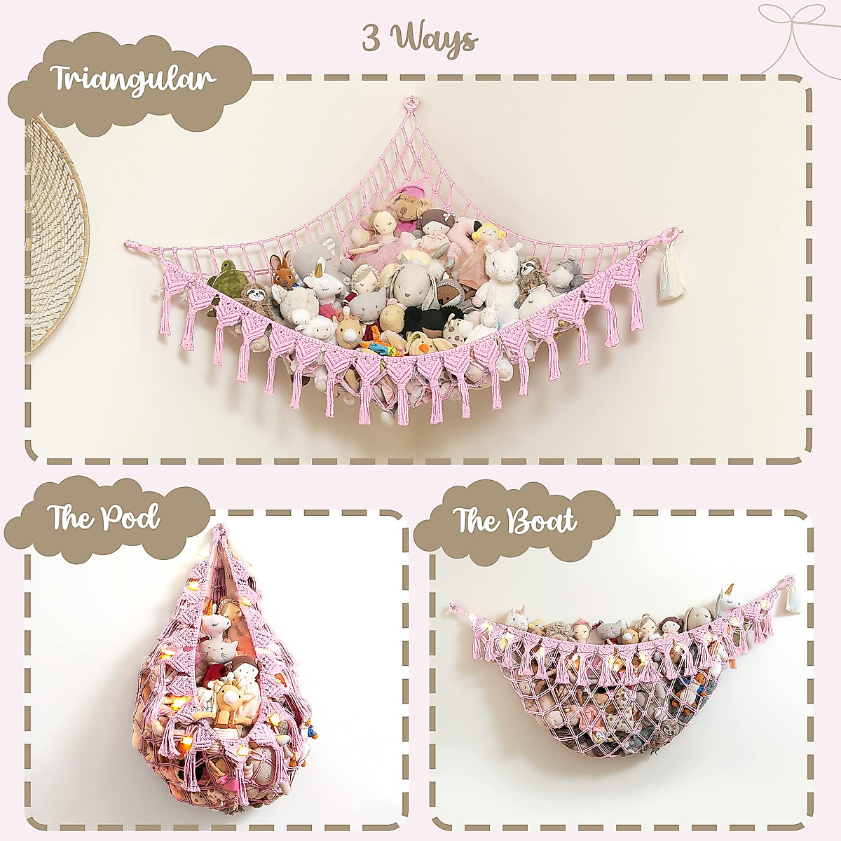 ABBY BABY Extra Large Stuffed Animal Storage Hammock Corner with LED Lights – 25LB Capacity Hanging Toy Net for Small or Large Plushies, Boho Macrame Squishmallow, Plush Net, Gray