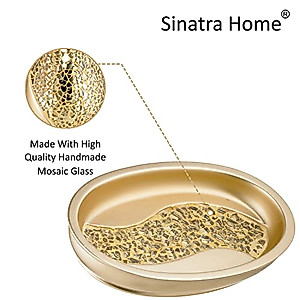 Zahari Home 4pc Sinatra Stylish Bathroom Accessories Set Champagne Gold Soap Dispenser Pump, Tumbler, Tooth Brush Holder and Soap Dish Modern Decor Bling Mosaic Glass Gold Bathroom Accessories