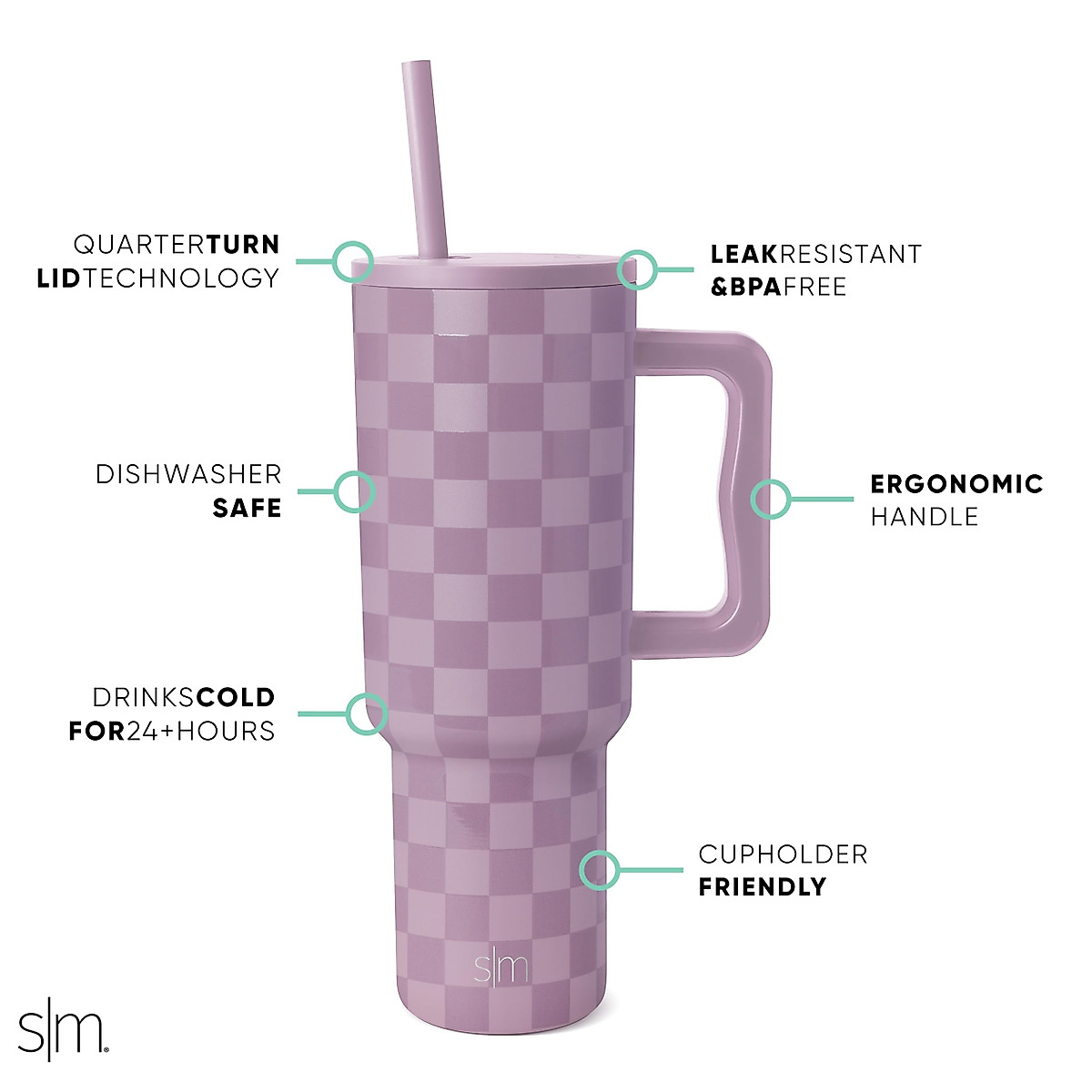 Simple Modern 40 oz Tumbler with Handle and Straw Lid | Insulated Cup Reusable Stainless Steel Water Bottle Travel Mug Cupholder Use | Gift for Women Men Him Her | Trek Collection | Lavender Checkmate
