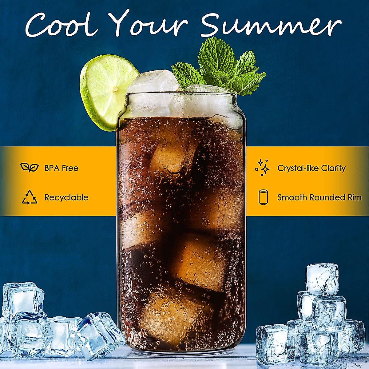 Yirilan 4pcs Glass Cups with Lids and Straws - 16 oz Glass Cups with Bamboo Lids, Iced Coffee Cup, Drinking Glasses, Clear Glass Cups- 2 Cleaning Brushes