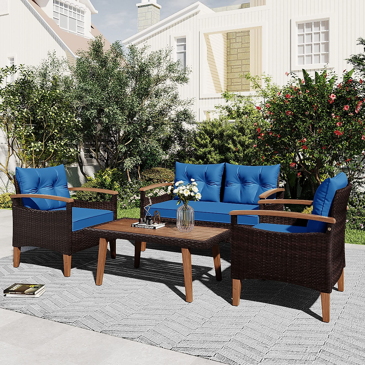 Hlcodca 4 Piece Wicker Patio Conversation Furniture Set,PE Rattan Patio Seating Set with Acacia Wood Tabletop and Legs, Outdoor Sofa Set for Balcony, Porch, Backyard (Brown and Blue/)