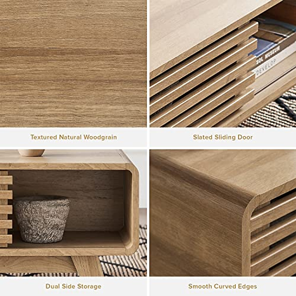 mopio Ensley Coffee Table, Mid Century Modern Coffee Table with Storage, Farmhouse Coffee Table, Wood Coffee Table, Living Room Tables, Center Table (Fluted (Oak))